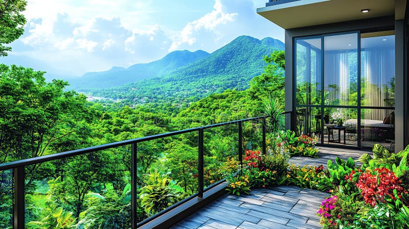 Mountaintop Balcony with Lush Greenery, Panoramic Views Stock Image ...