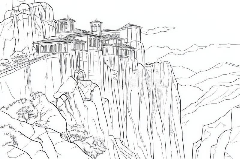 Mountaintop Monastery Sketch Line Drawing of a Monastery Perched Atop ...