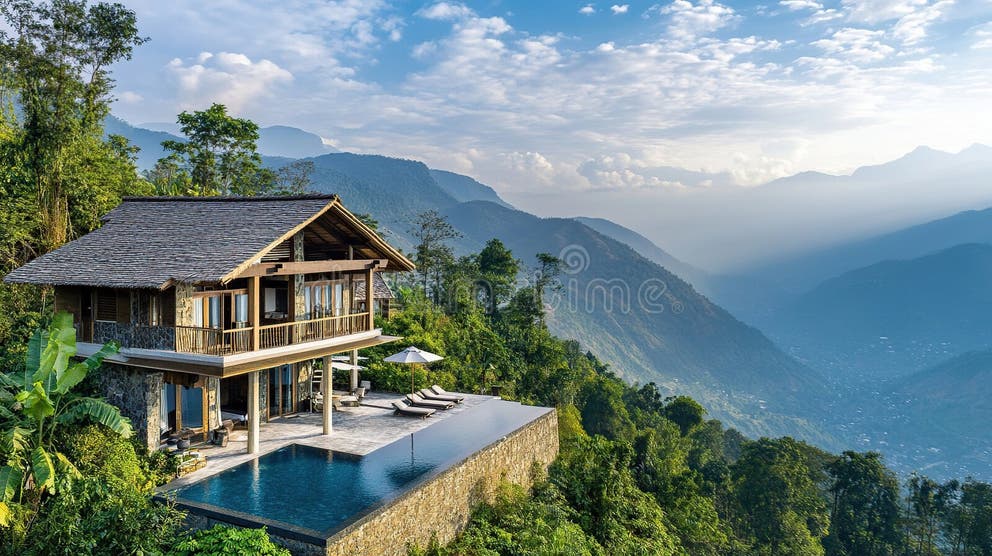 Mountaintop Villa with Infinity Pool Overlooking Valley Stock Photo ...