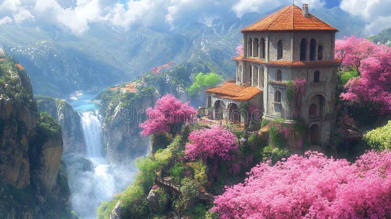 Beautiful Spring Blossoms Mountain House Backdrop Nature Stock Photos ...