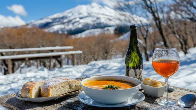 Mountaintop Winter Lunch with Soup and Wine Stock Illustration ...