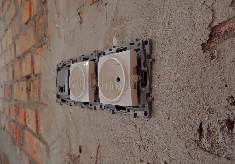 Installed Frame of Electrical Outlet in the Wall Stock Image - Image of ...
