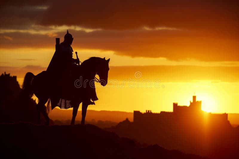 Mounted Knight in Silhouette at Sunset with Castle on the Horizon Stock ...