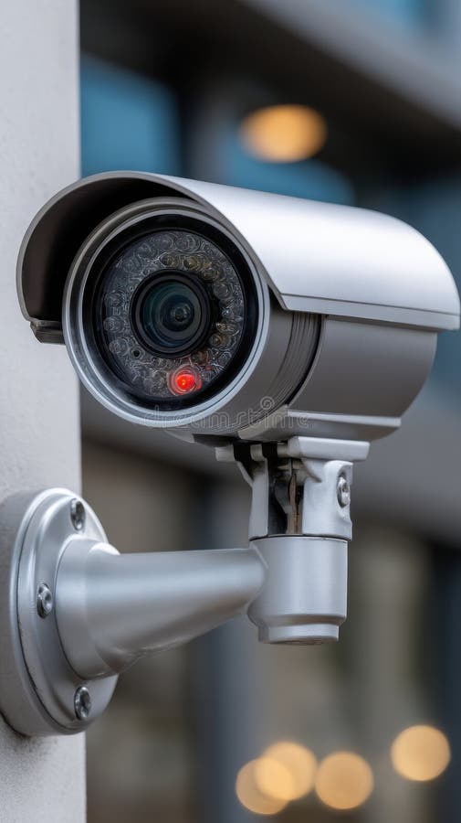 Mounted Surveillance Camera with a Glowing Red Light Installed on the ...