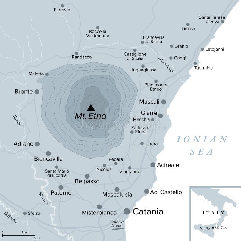 Mount Etna, Active Stratovolcano in Sicily, Italy, Gray Political Map ...