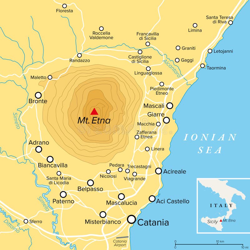 Mount Etna, Active Stratovolcano in Sicily, Italy, Political Map Stock ...