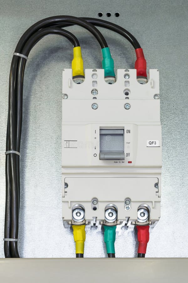On a Mounting Plate or Board Fixed Power Circuit Breaker. Connected ...