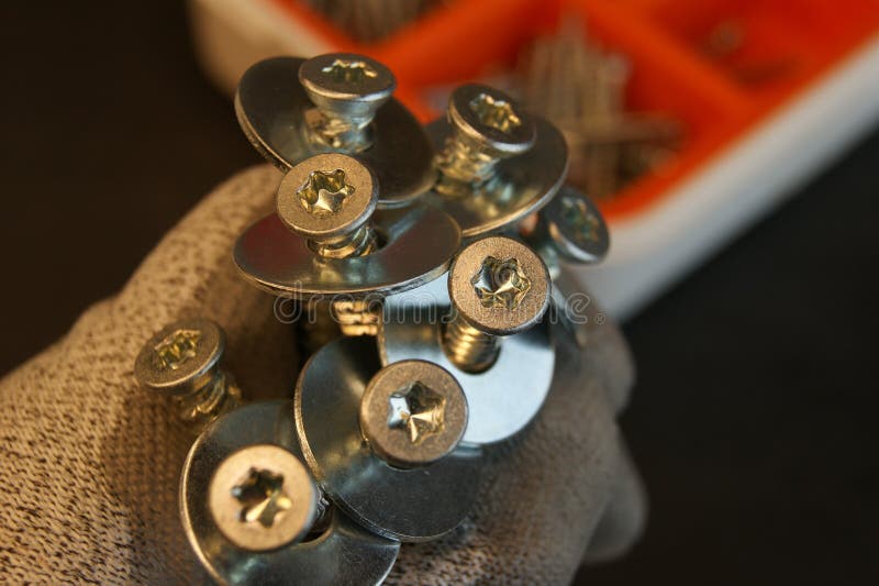 Large Mounting Screws in Builder S Hand Close-up. Stock Photo - Image ...
