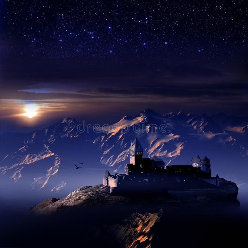 Mounts and Castle Under Stars Stock Illustration - Illustration of ...