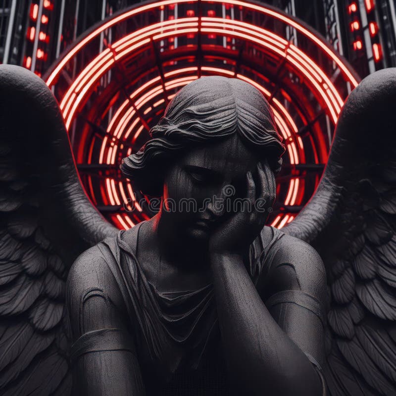 Mourning Angel Statue in Red Neon Light Stock Illustration ...