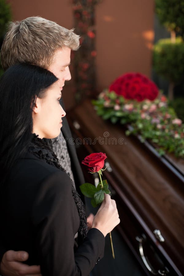 Mourning Couple at Funeral with Coffin Stock Image - Image of black ...