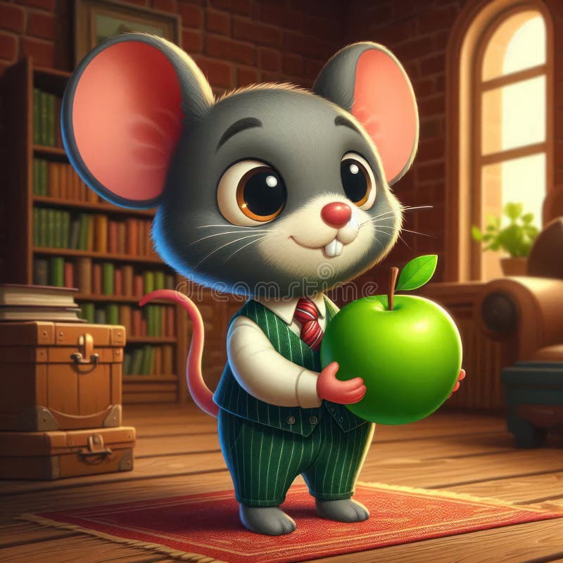 A Mouse with an Apple in the Library. Stock Photo - Image of classroom ...