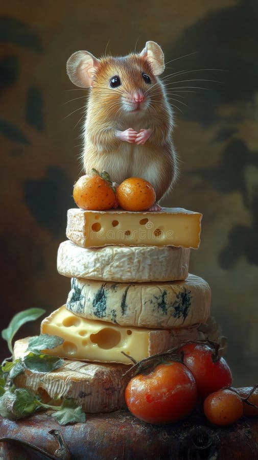 Mouse Balances Atop a Stack of Various Cheese Types in a Playful ...