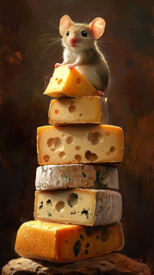 Mouse Balances Atop a Stack of Various Cheese Types in a Playful ...