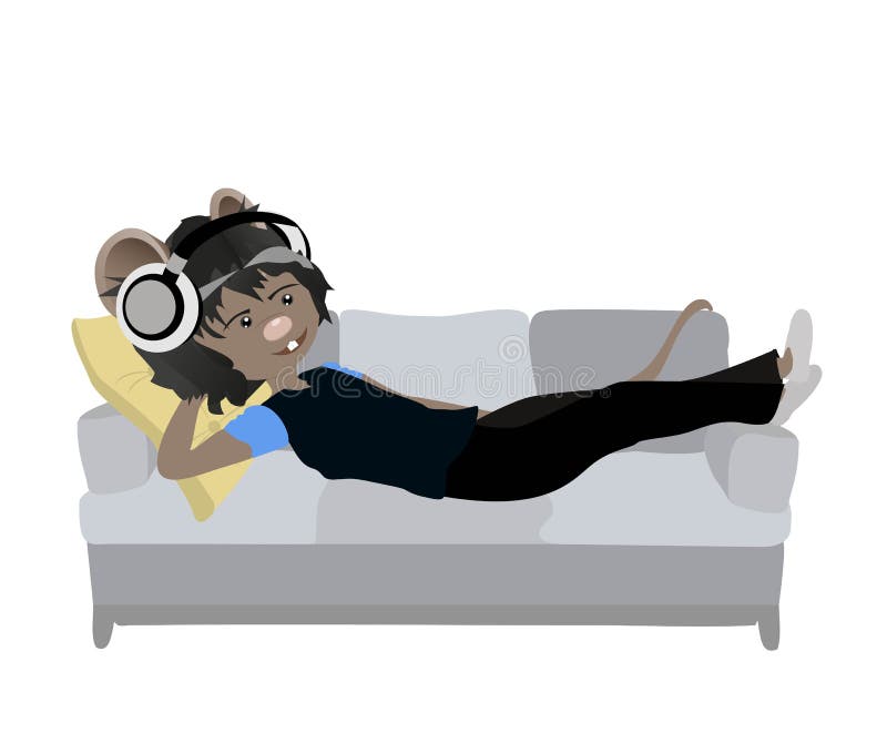 Cartoon Rat Listening To Music on Headphones on Sofa. Cute Mouse. Stock ...