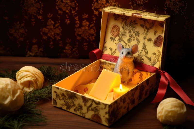 Mouse with Cheese Inside a Christmas-themed Open Gift Box Stock Image ...