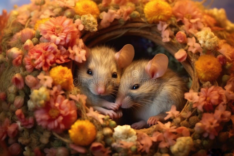 Mouse Couple in Love Sleeps between Flowers. Generative AI Stock ...