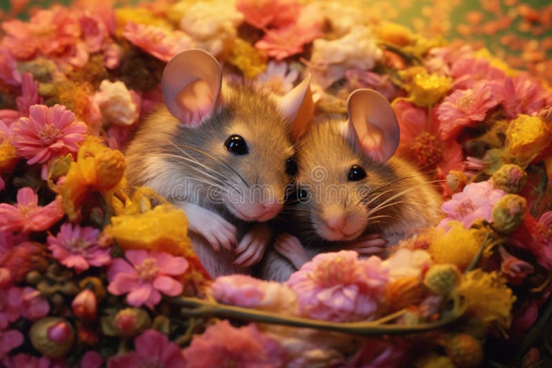 Mouse Couple in Love Sleeps between Flowers. Generative AI Stock ...