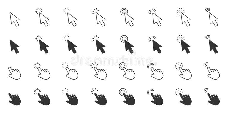 Mouse Cursor and Click Action Line and Solid Icon Set. Interactive ...