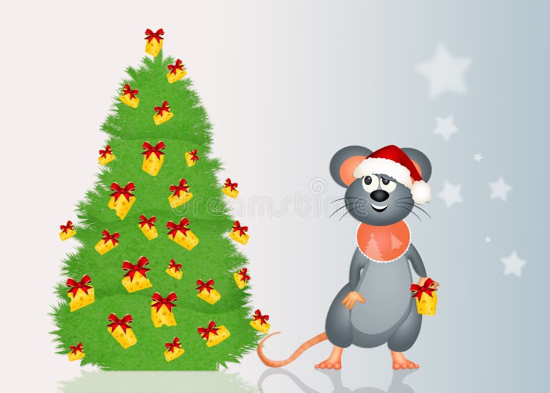Mouse Decorates the Christmas Tree with Cheese Stock Illustration ...