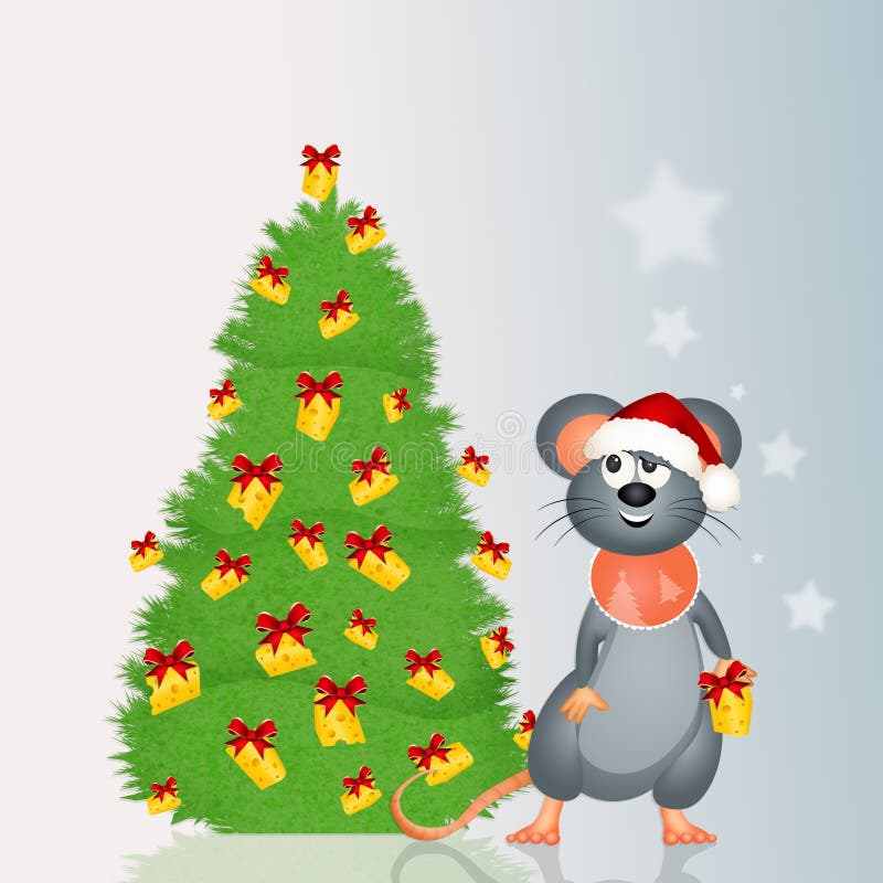 Mouse Decorates the Christmas Tree with Cheese Stock Illustration ...