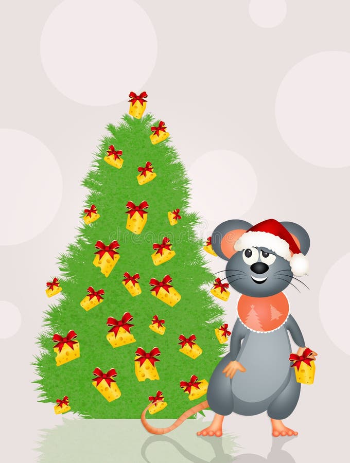 Mouse Decorates the Christmas Tree with Cheese Stock Illustration ...