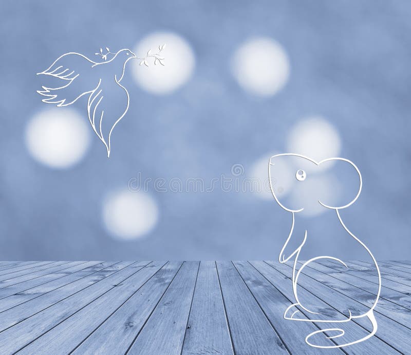Mouse and Dove on Blue Background. Blue Empty Wooden Table Ready for ...
