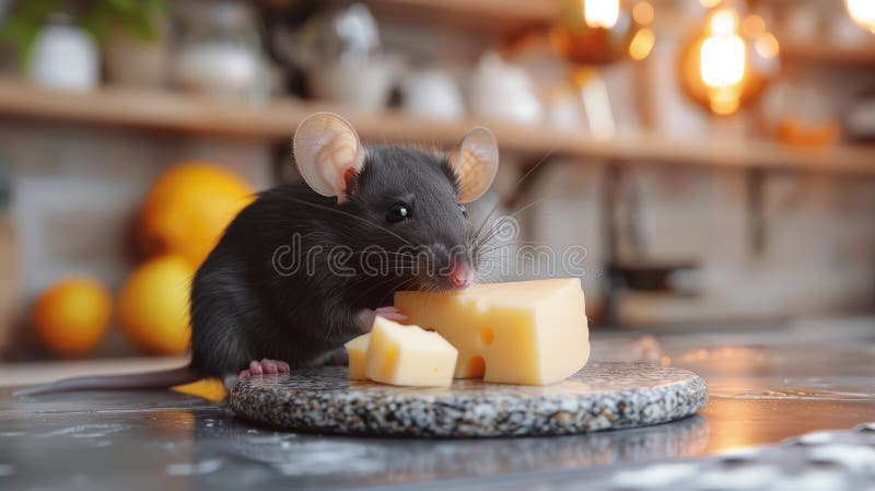 A Mouse Eating Cheese on a Kitchen Countertop. Stock Photo - Image of ...