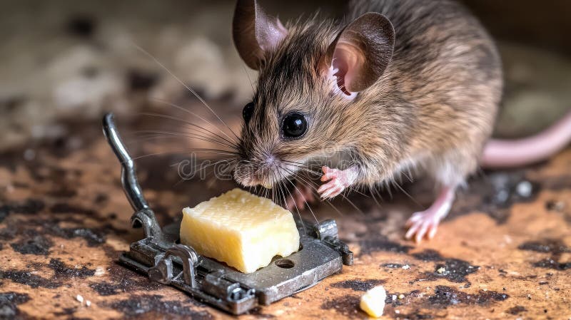 Mouse Eating Cheese on a Mousetrap Stock Photo - Image of macro, cheese ...