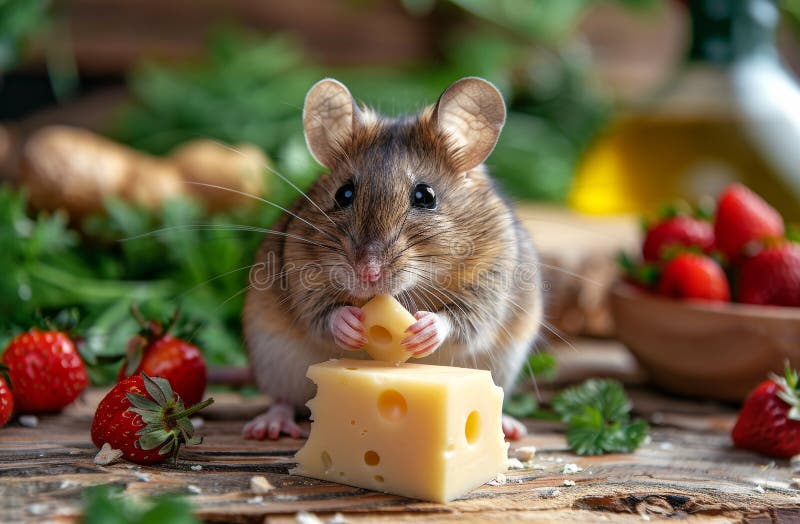 Mouse Eating Cheese and Strawberries on the Table Stock Image - Image ...
