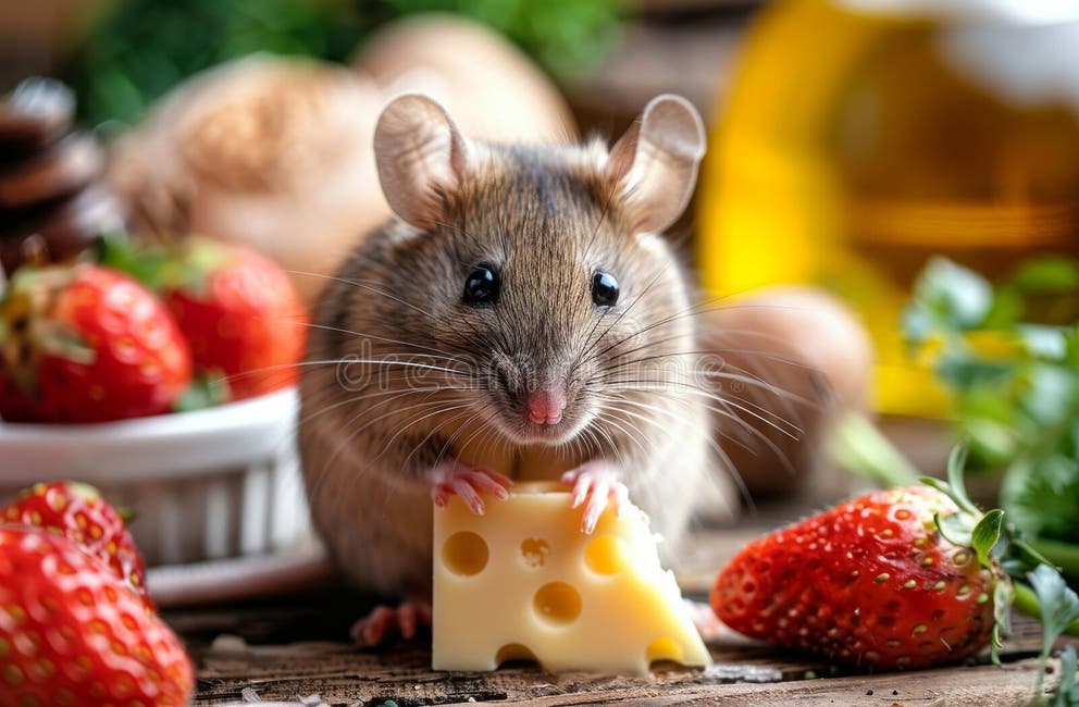 Mouse Eating Cheese and Strawberries on the Table Stock Image - Image ...