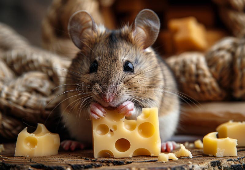A Mouse is Eating a Piece of Cheese. the Cheese is Cut into Small ...