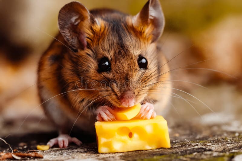 A Mouse Eating a Piece of Cheese on the Ground Stock Image - Image of ...
