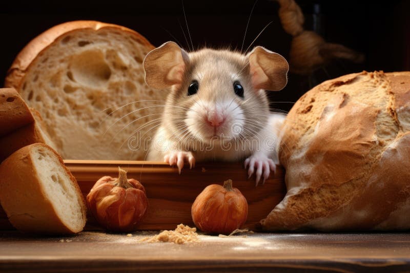 Mouse Emerging from a Bread Loaf on a Kitchen Counter Stock ...
