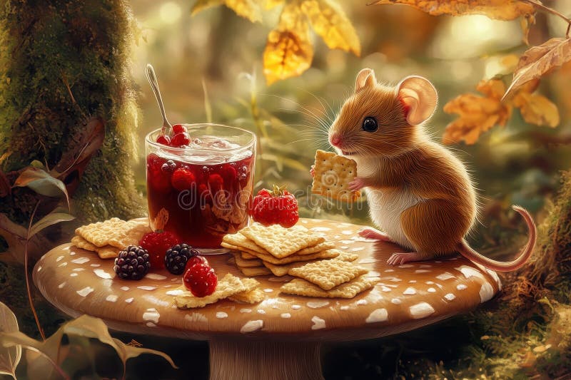 A Mouse Enjoying a Snack on a Mushroom in a Forest Setting Stock ...