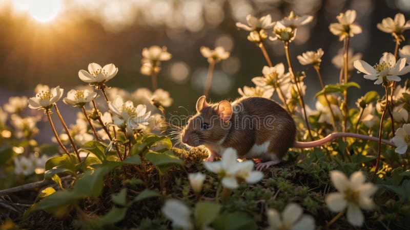 Adorable House Mouse among Spring Blossoms at Golden Hour Stock ...