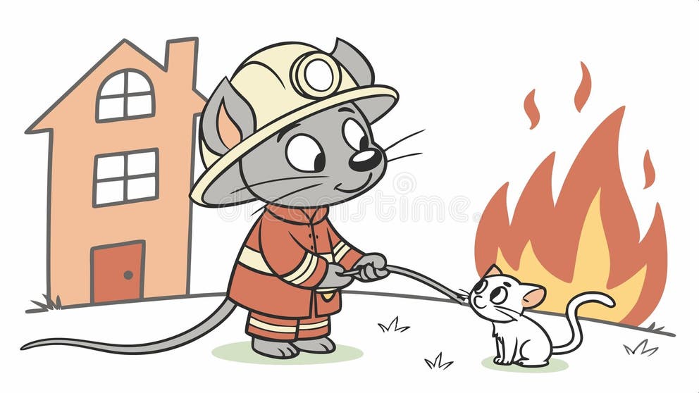 Mouse Firefighter Rescuing Cat from Fire with Hose Vector Design ...