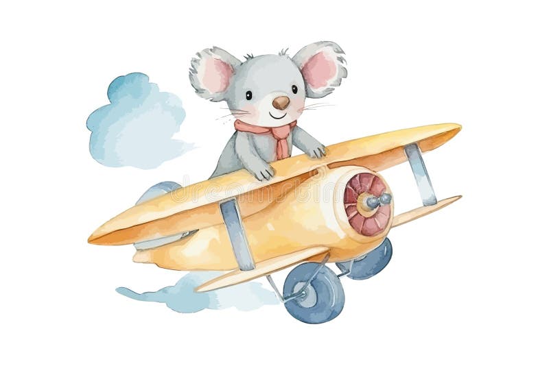 Mouse Flying on a Plane Watercolor. Vector Illustration Desing Stock ...