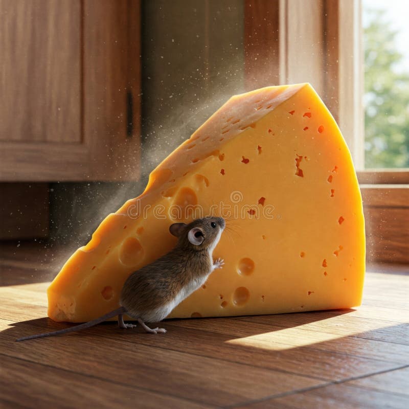 A Mouse in Front of a Huge Piece of Cheese on the Floor. Stock Photo ...
