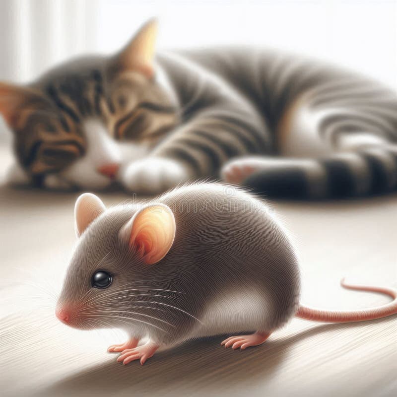 Mouse in Front of a Sleeping Cat. Stock Image - Image of adorable ...