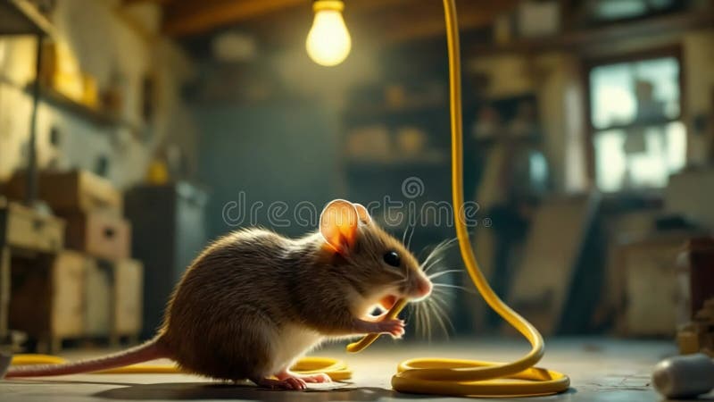 A Mouse Gnaws on a Yellow Electrical Cord Under a Glowing Lightbulb in ...