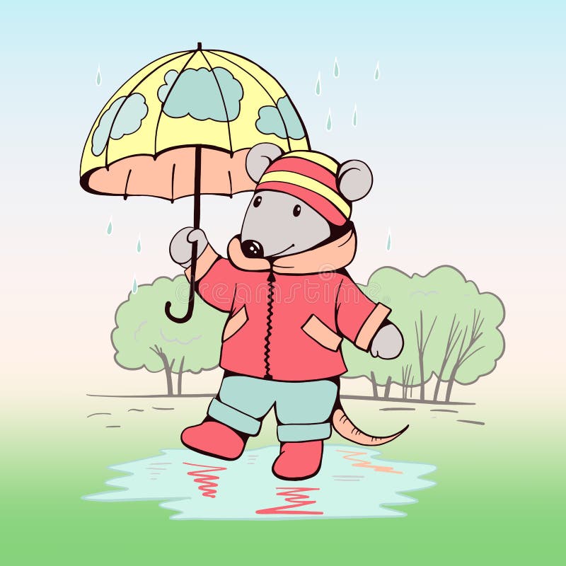 Mouse in Rain Autumn with Umbrella - Illustration, Eps Stock ...