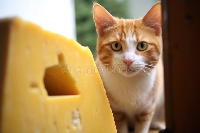 Mouse Hiding Behind a Cheese Wedge, Cat Stalking Outside Stock Photo ...