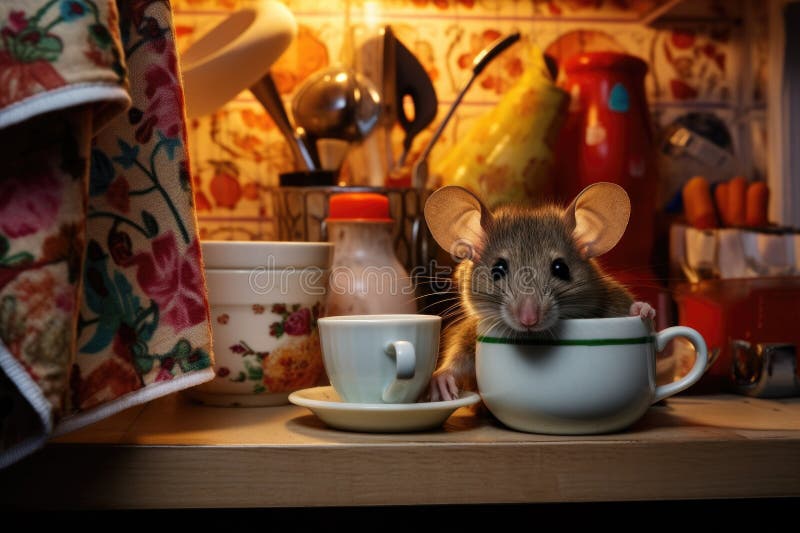 Mouse Hiding Behind a Coffee Mug on a Cluttered Kitchen Table Stock ...
