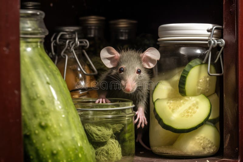 Mouse Hiding Behind a Jar of Pickles in the Fridge Stock Photo - Image ...