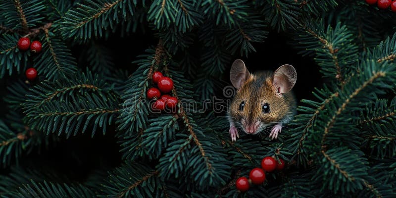 Mouse Hiding in Green Branches of a Tree Stock Illustration ...