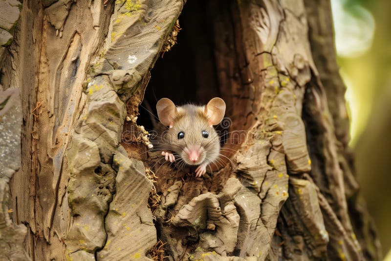 Mouse Hiding in Hole of an Old Tree in a Park Stock Photo - Image of ...