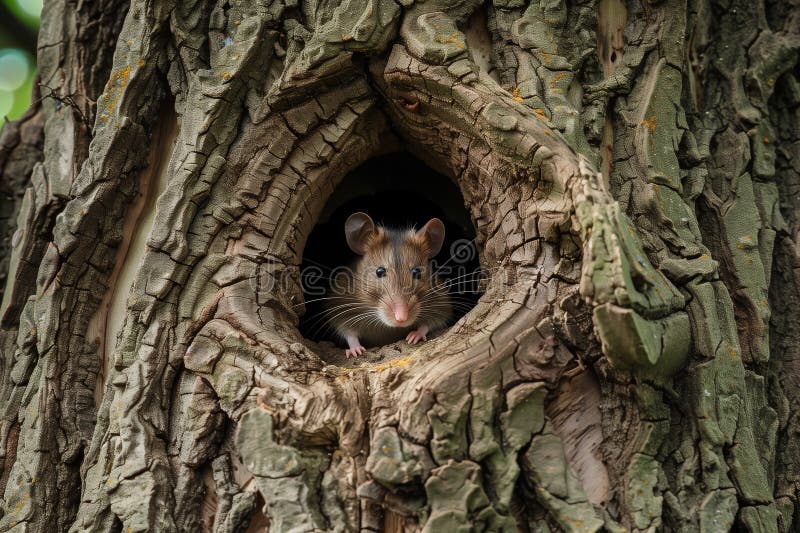 Mouse Hiding in Hole of an Old Tree in a Park Stock Photo - Image of ...