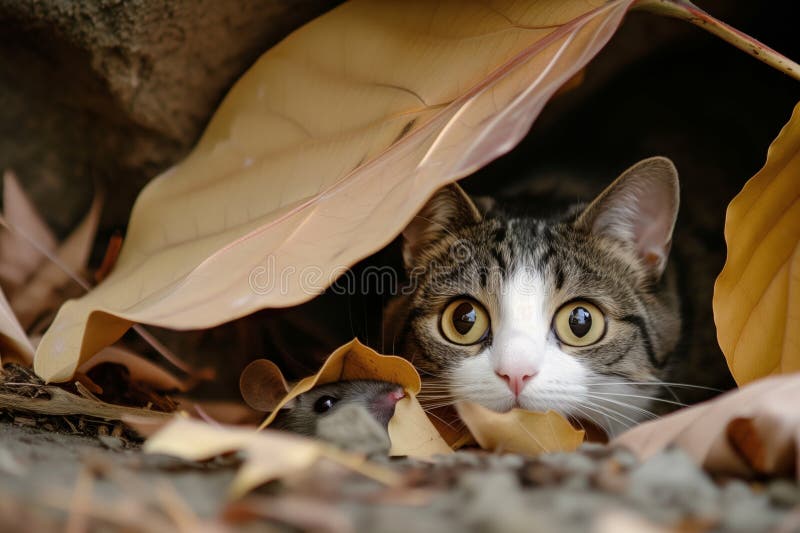 Mouse Hiding Under Leaf, Cat Peering Intently Stock Image - Image of ...