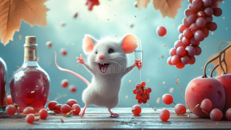 A Mouse Holding a Glass of Wine and Grapes in Front of Him, AI Stock ...